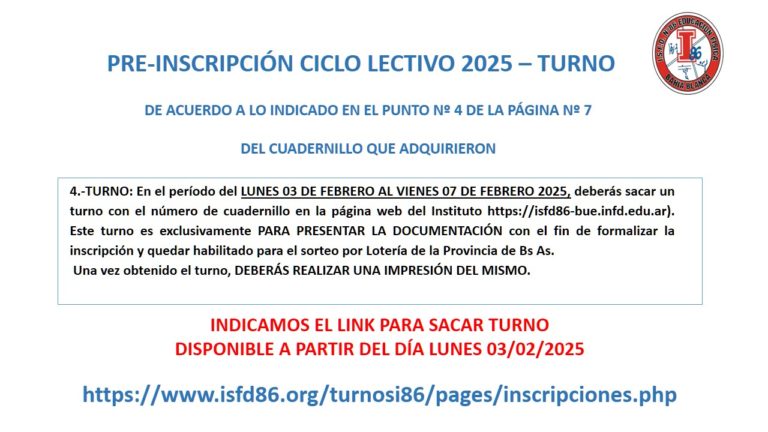 INGRESO 2026 – I.S.F.D. N° 86 "CACIQUE VALENTÍN SAYHUEQUE"